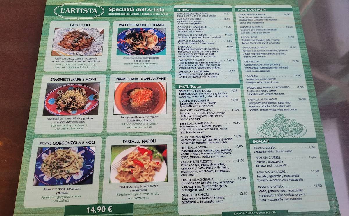 Carta de Restaurante L'Artista, Playa Blanca