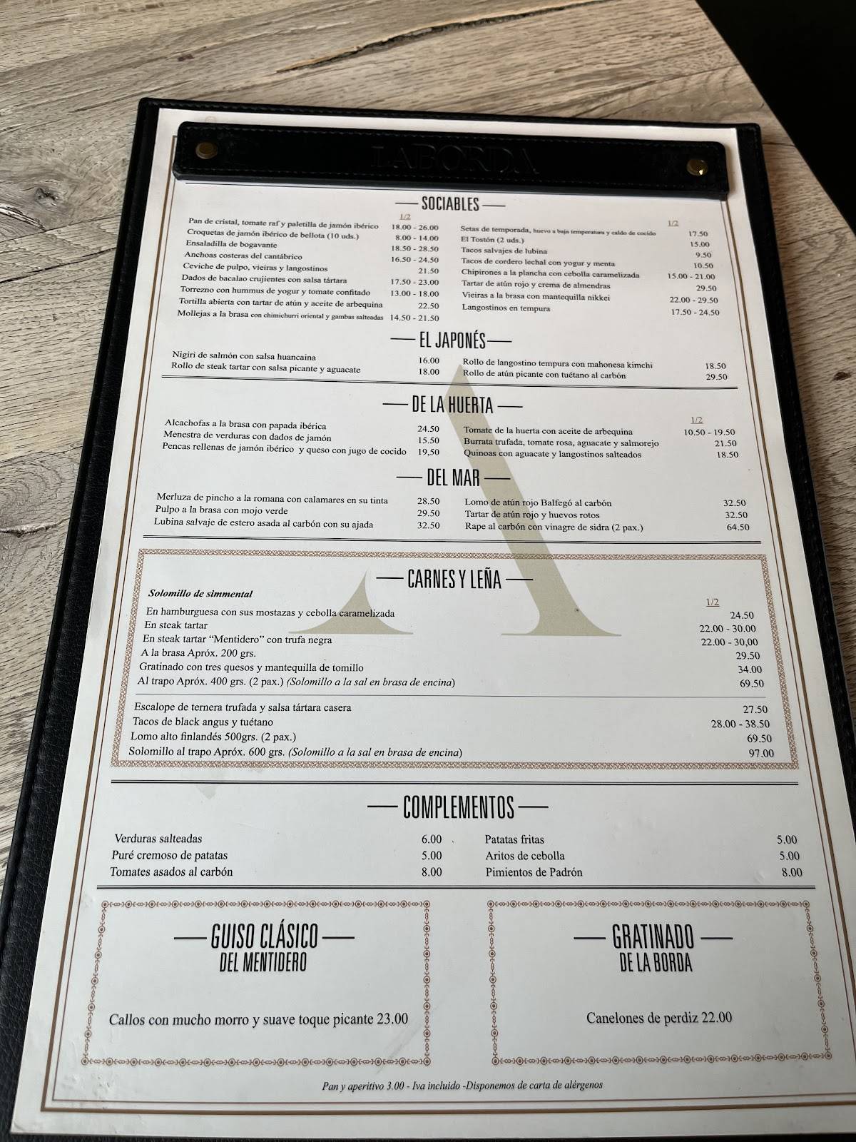 Carta de Restaurante La Borda del Mentidero, Madrid