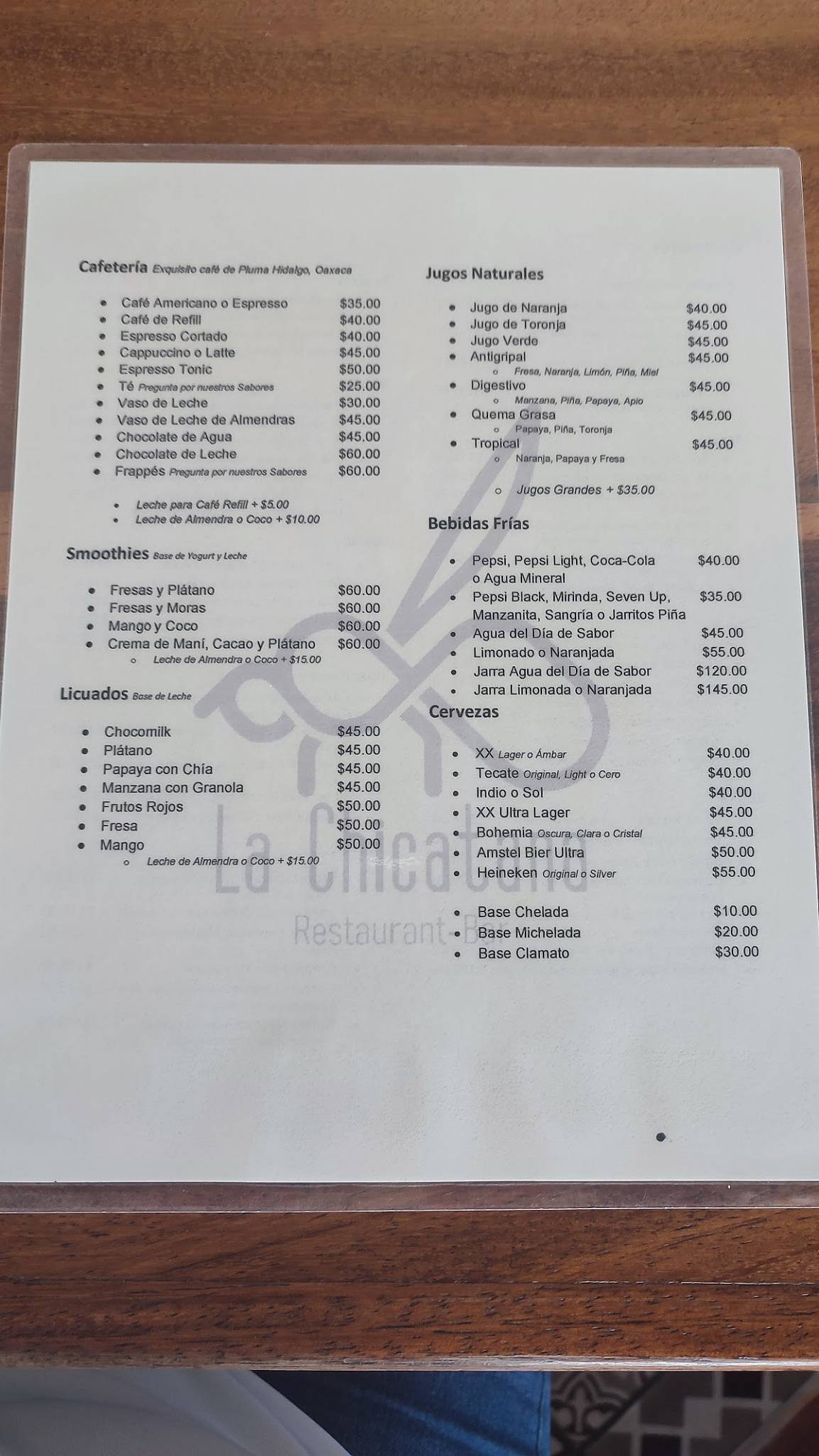 Carta de Restaurante La Chicatana, Crucecita