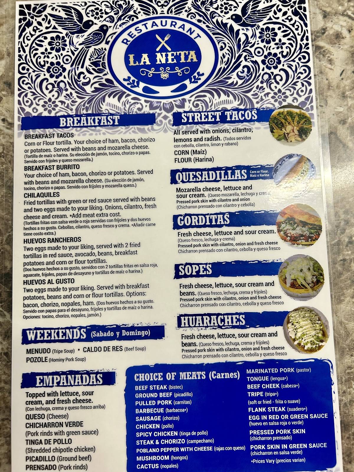 Carta de Restaurante La Neta, Wylie