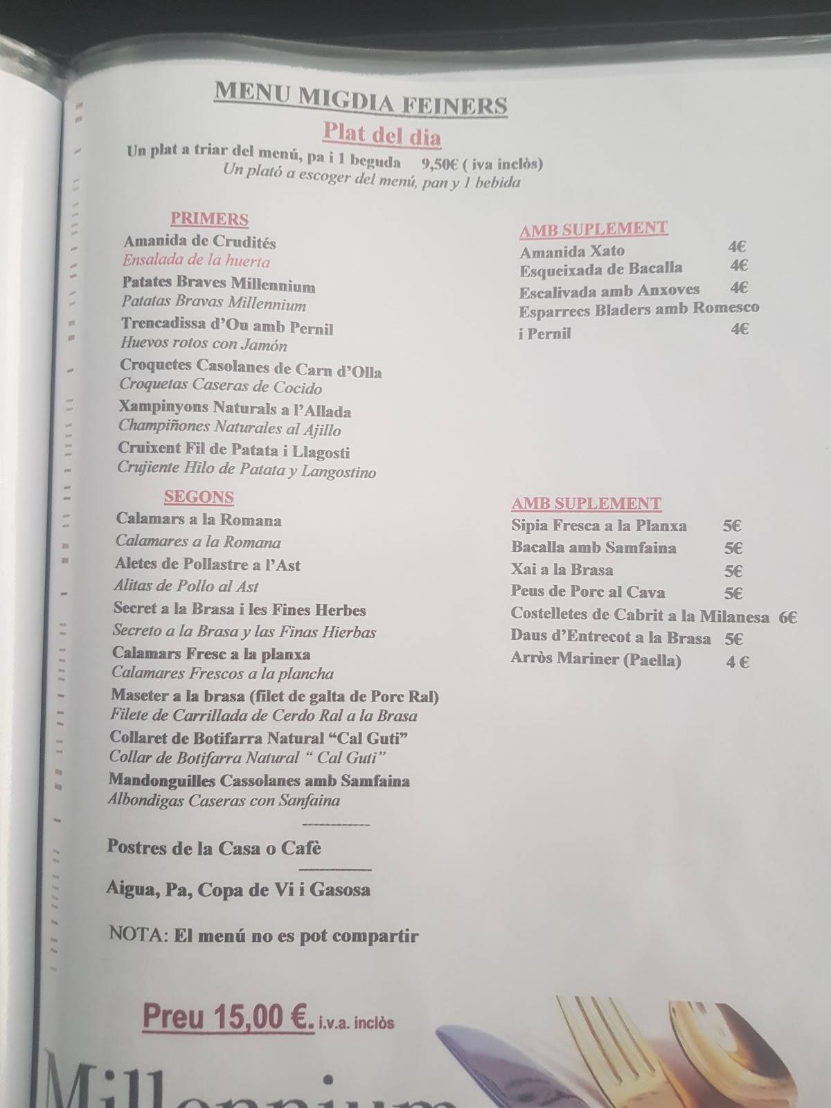 Menu at Restaurant Millennium, Manresa