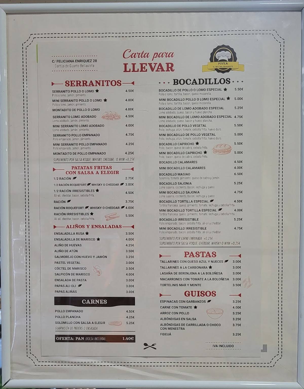 Carta de Restaurante Povea El rey del Serranito, Sevilla