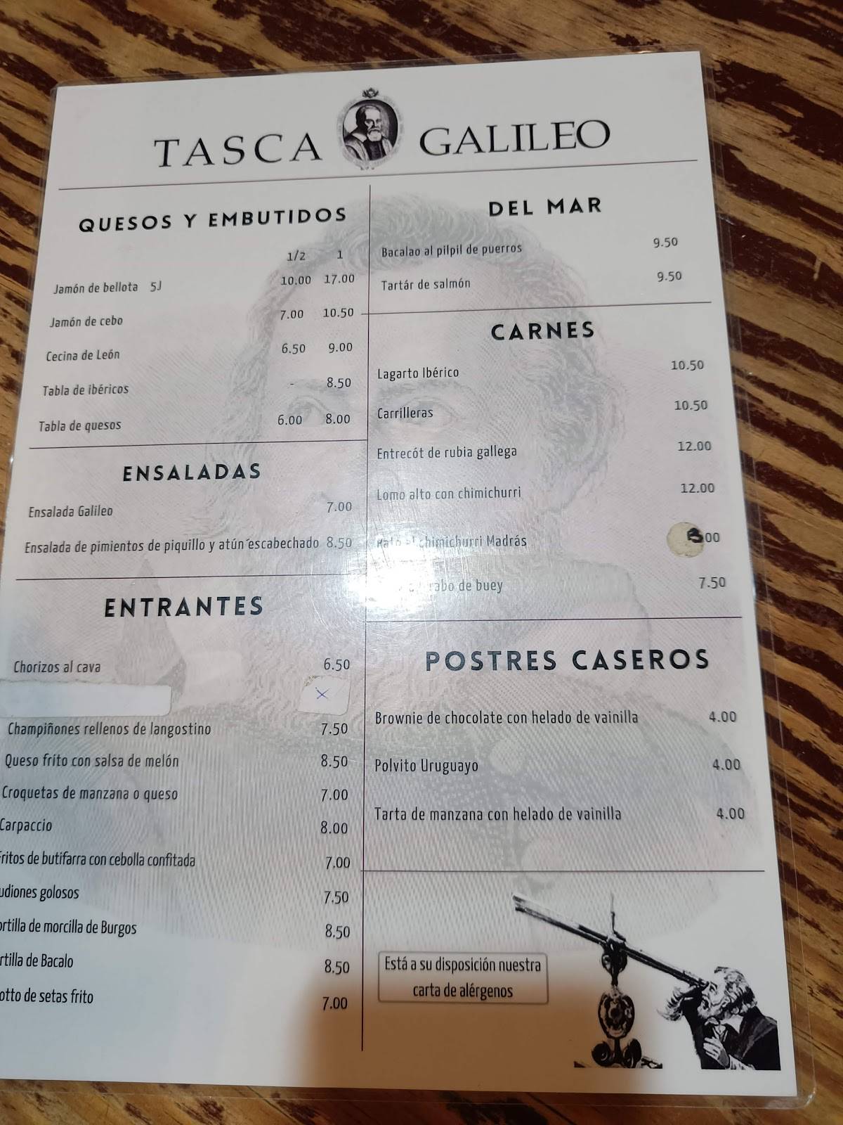 Carta de Restaurante Tasca Galileo, Las Palmas de Gran Canaria