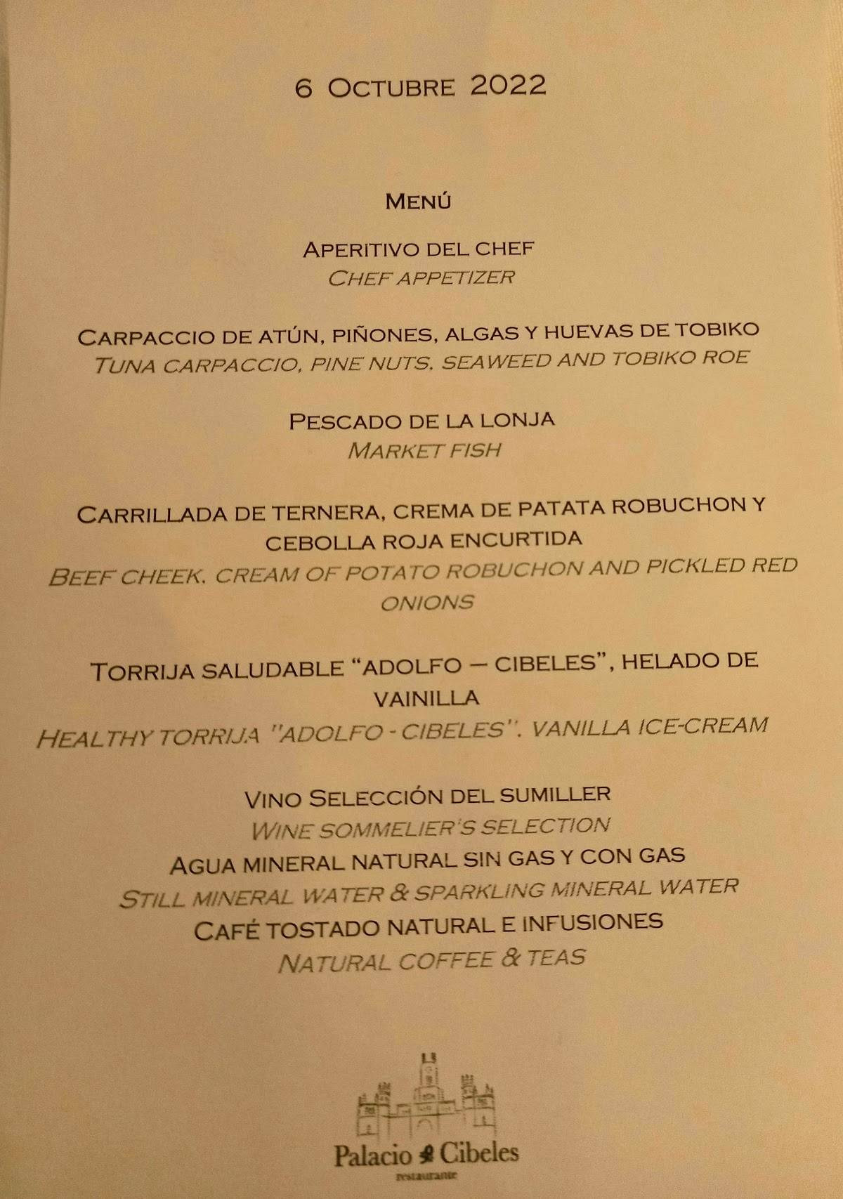 Carta de Restaurante Palacio de Cibeles, Madrid