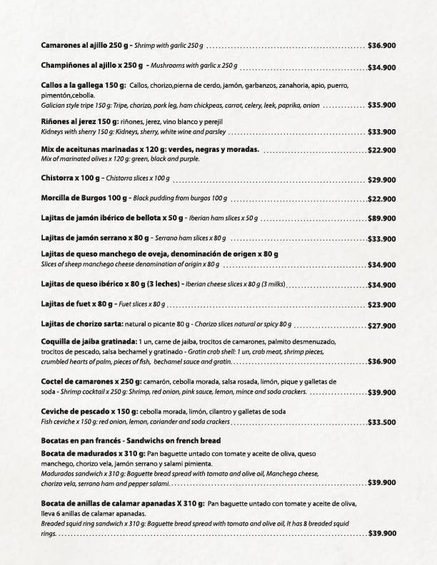 Carta de Restaurante español El Payés, Colombia