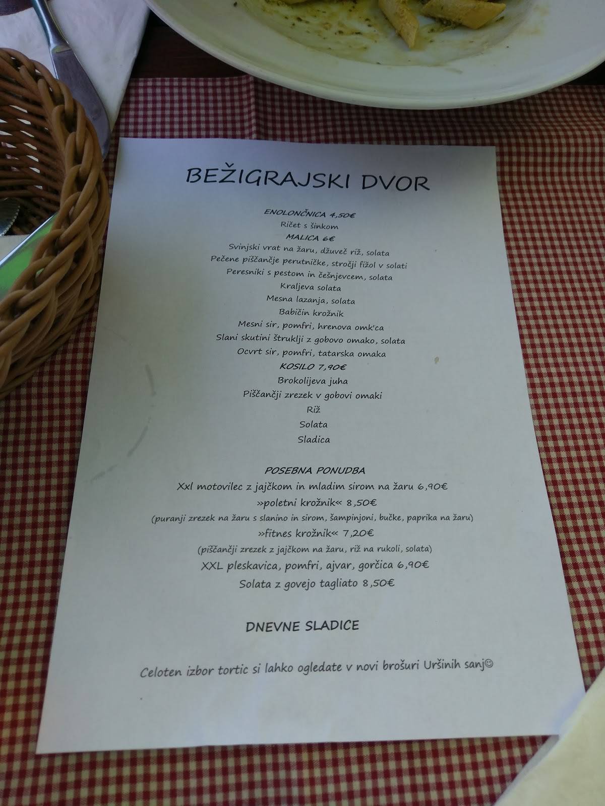 Menu au Restavracija Bežigrajski dvor restaurant, Ljubljana