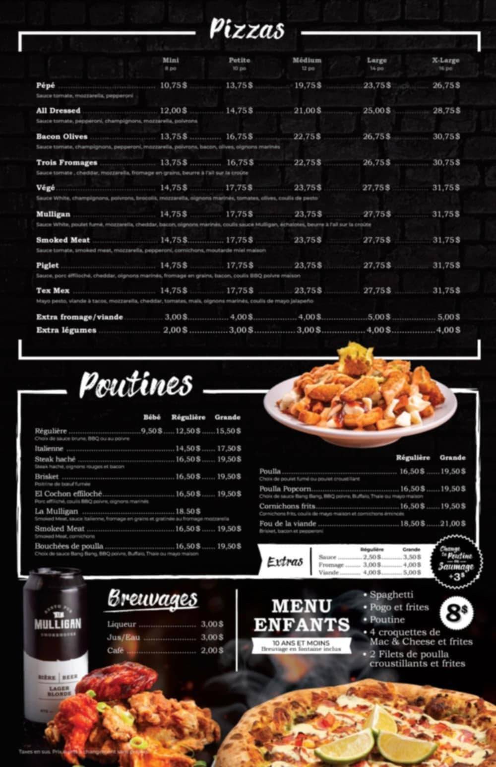 Menu au Resto Pub Le Mulligan Smokehouse, East Angus