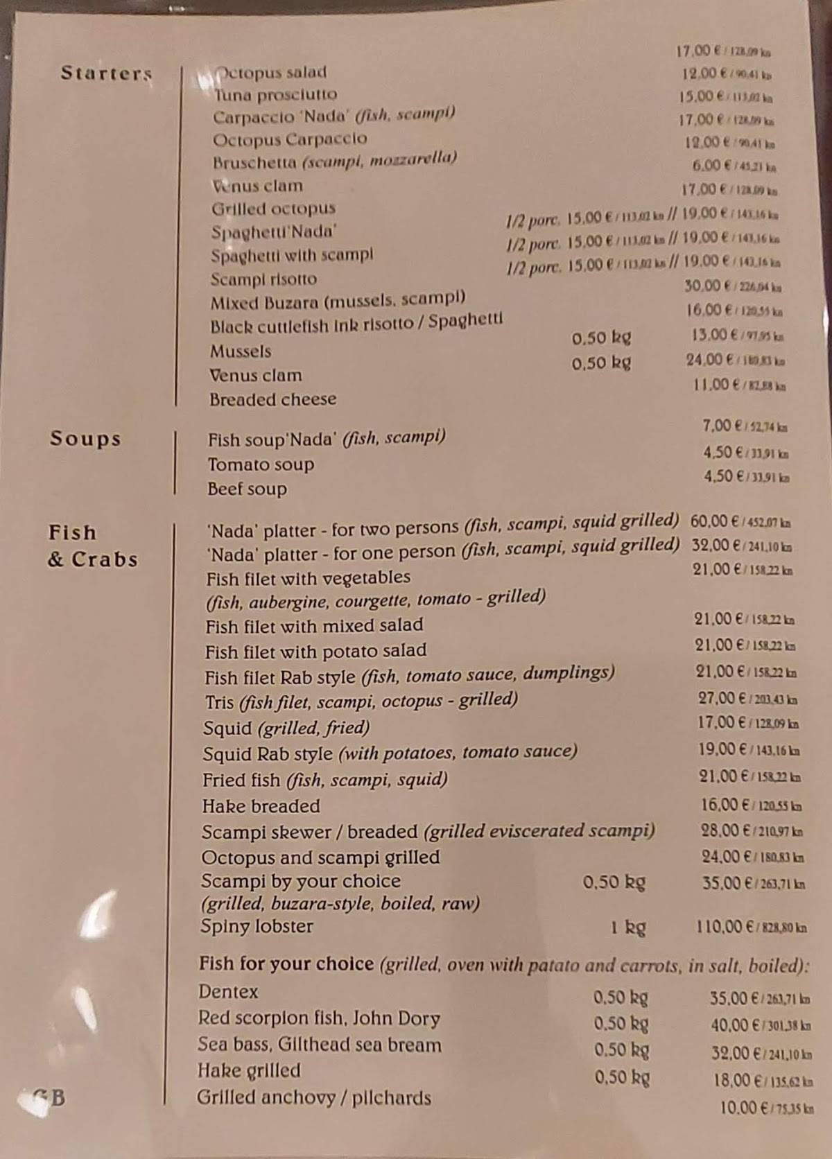 Menu da Restoran Nada ristorante, Arbe