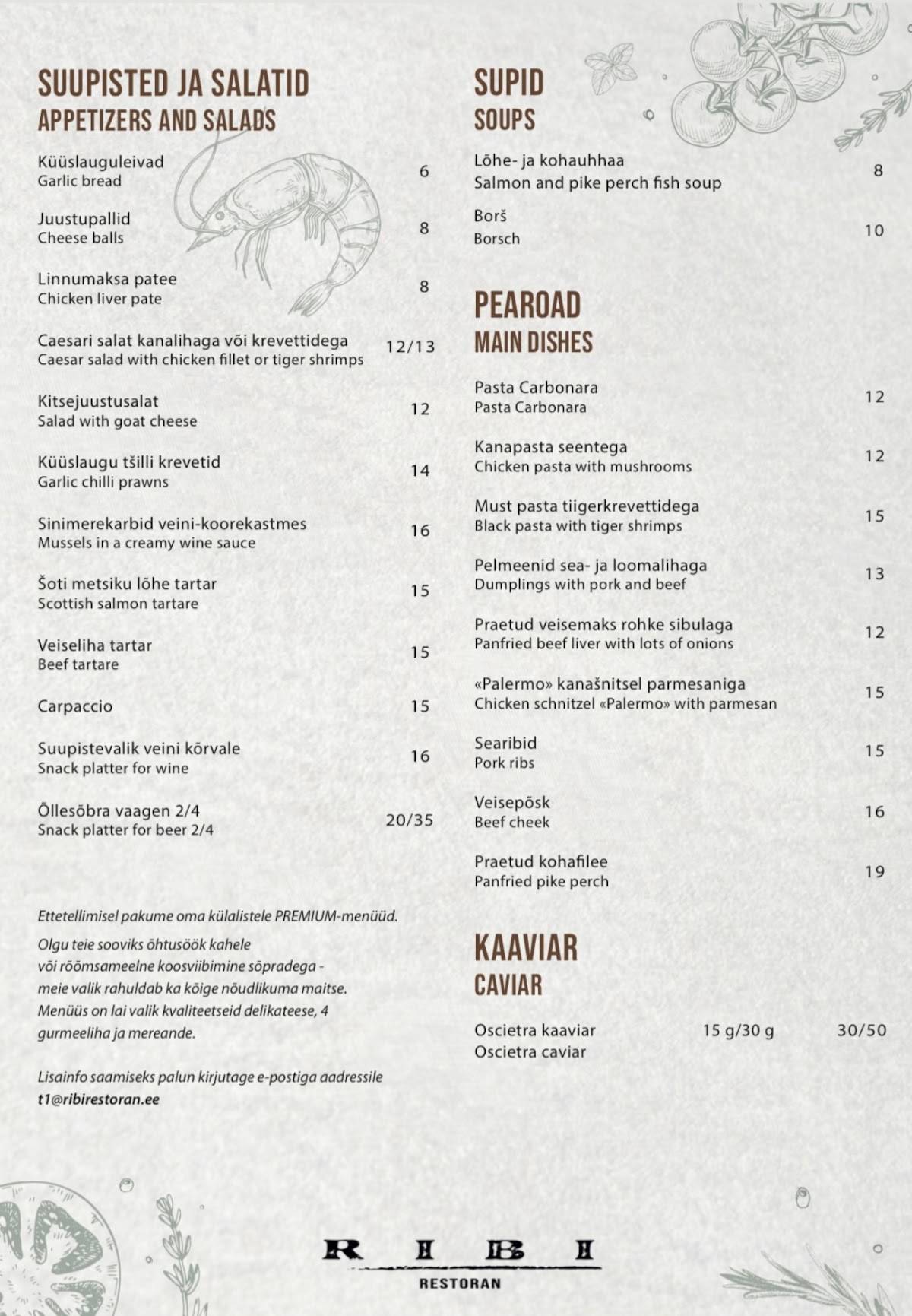 Menu at Restoran Ribi restaurant, Tallinn