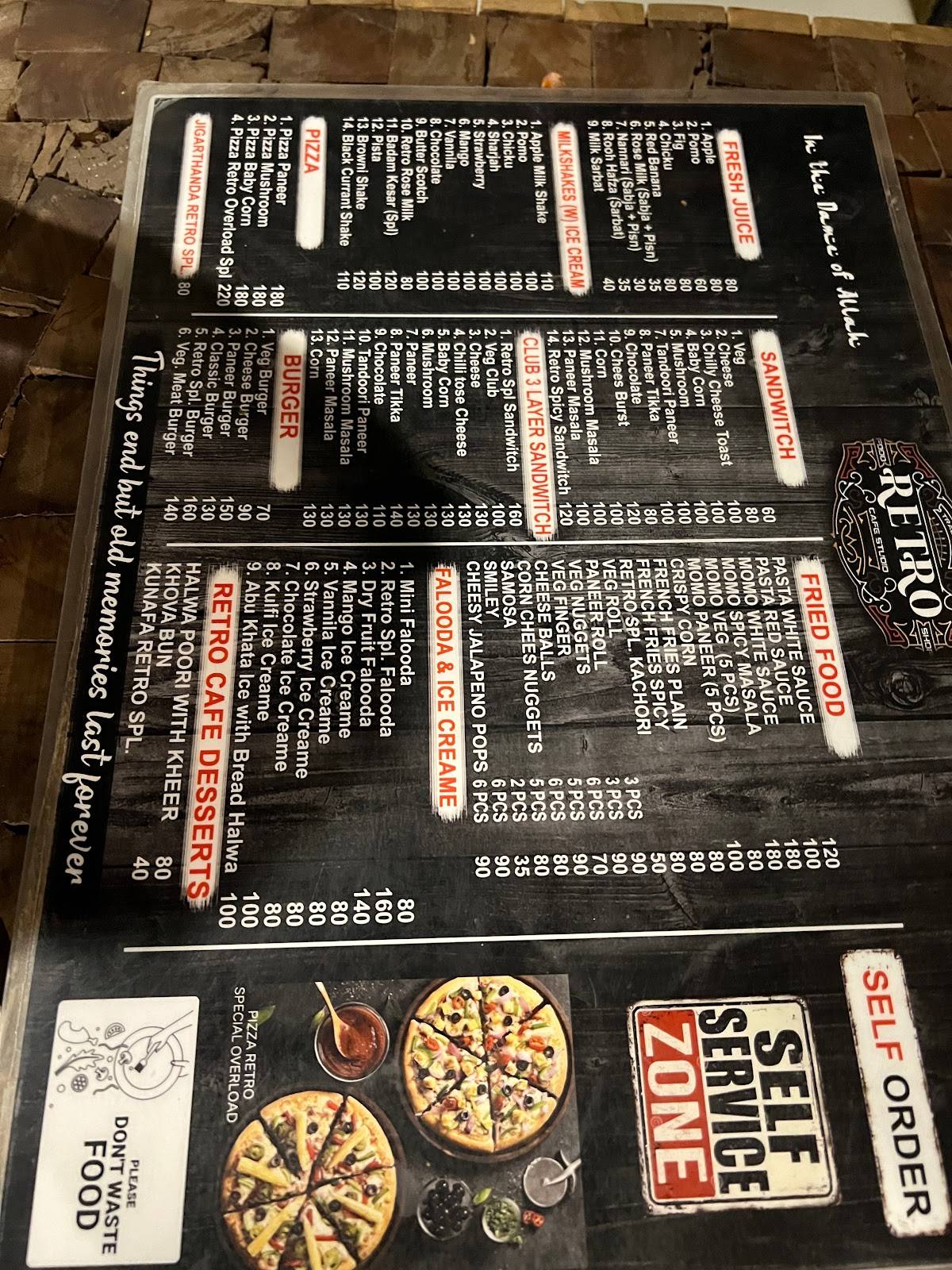 Menu at Retro Cafe Studio, Chennai