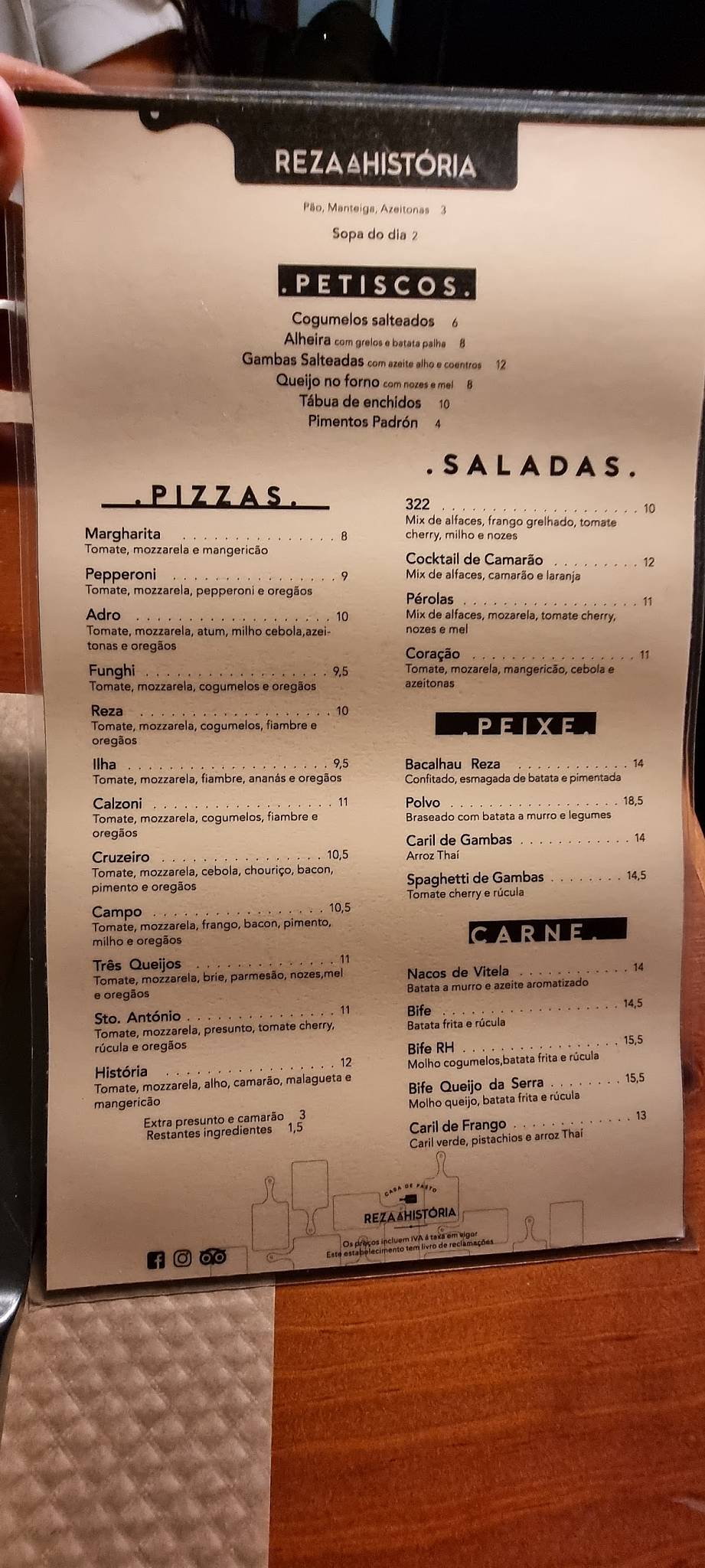 Menu em Reza a História restaurante, Nine