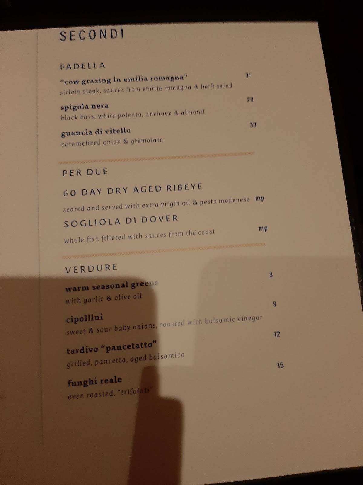 Menu at Rezdôra restaurant, New York City
