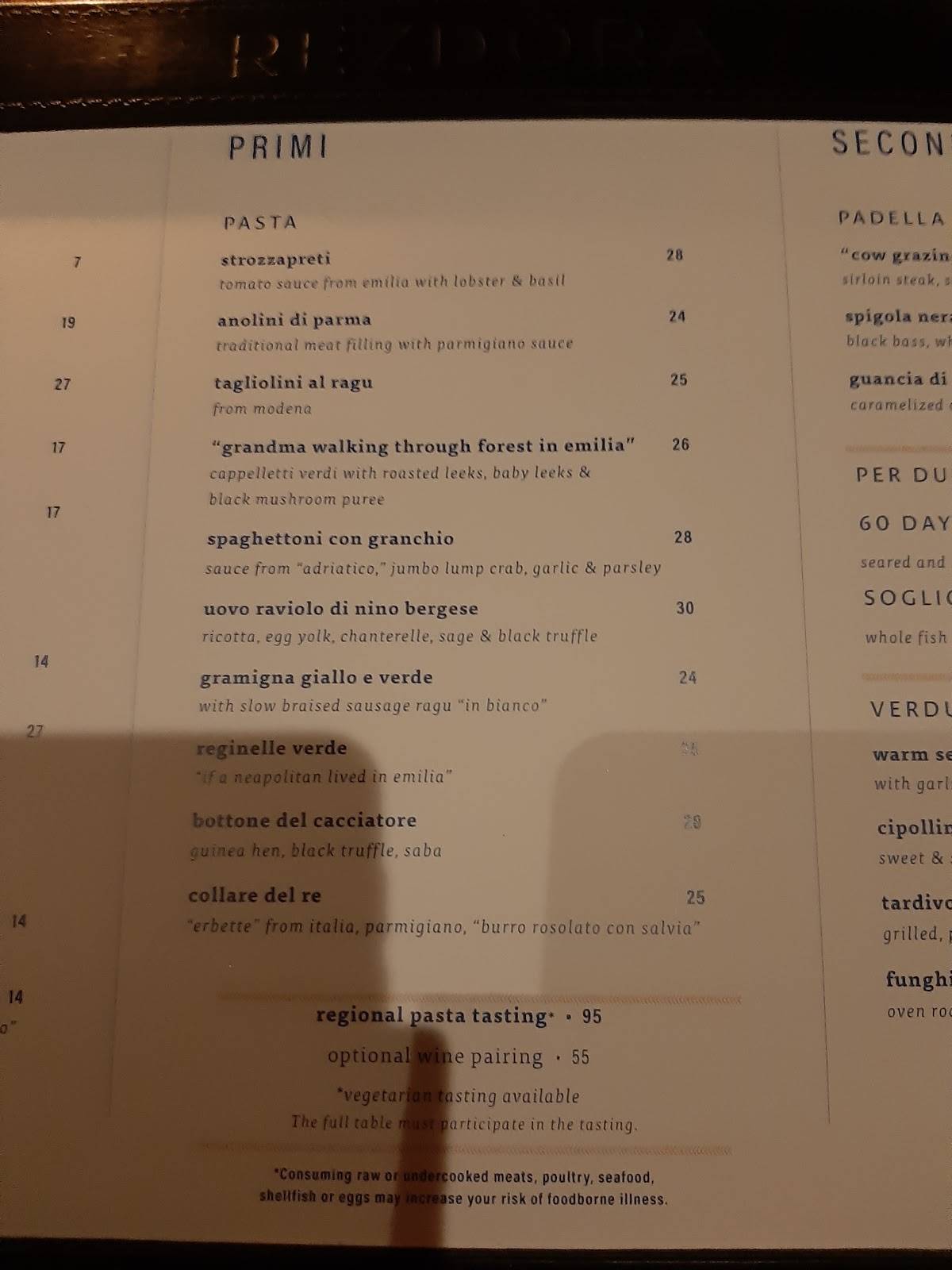 Menu at Rezdôra restaurant, New York City