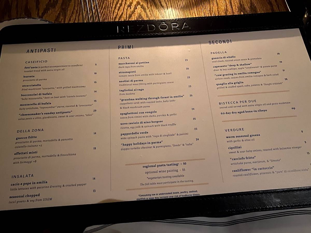 Menu at Rezdôra restaurant, New York City