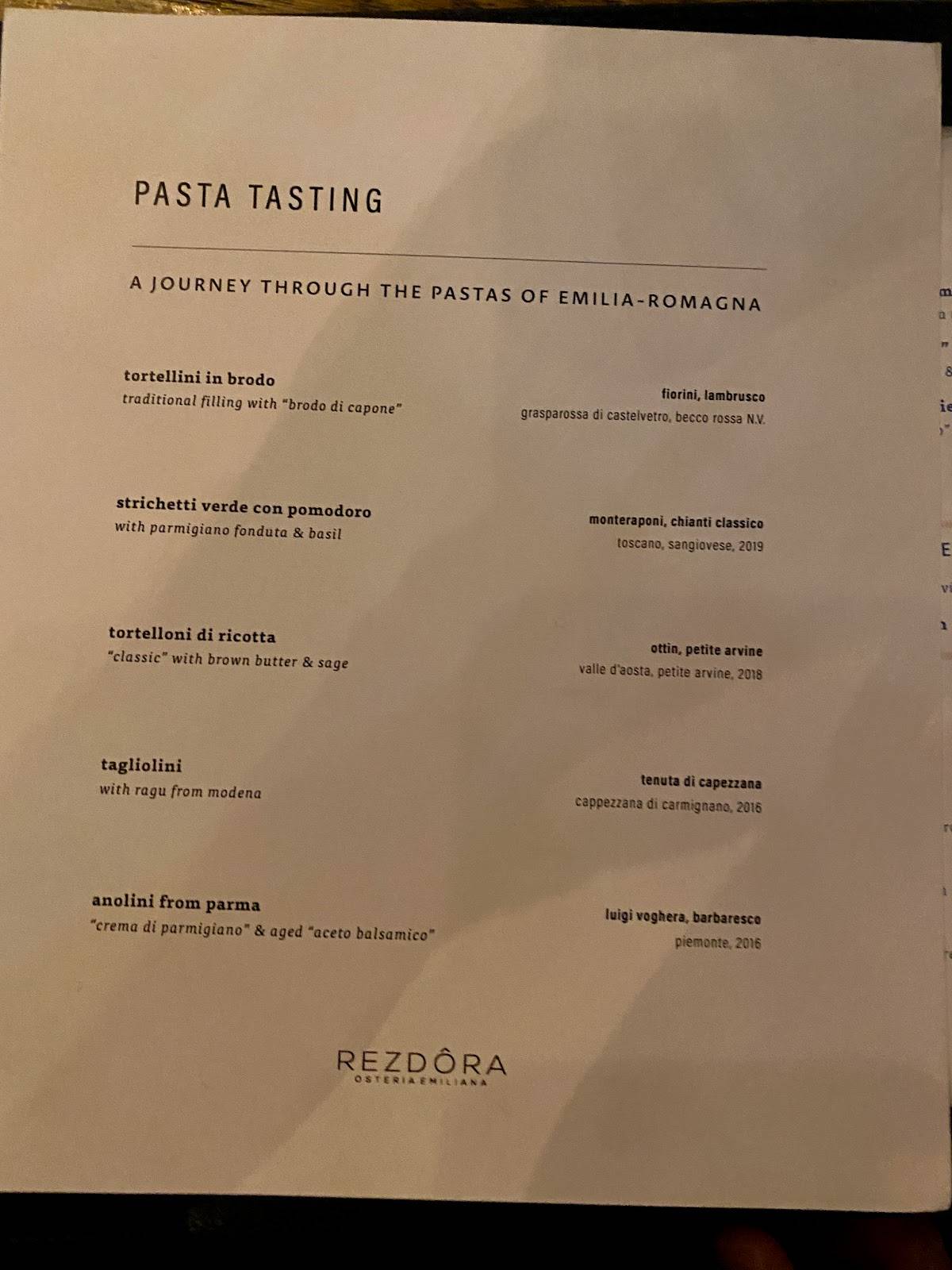 Menu at Rezdôra restaurant, New York City