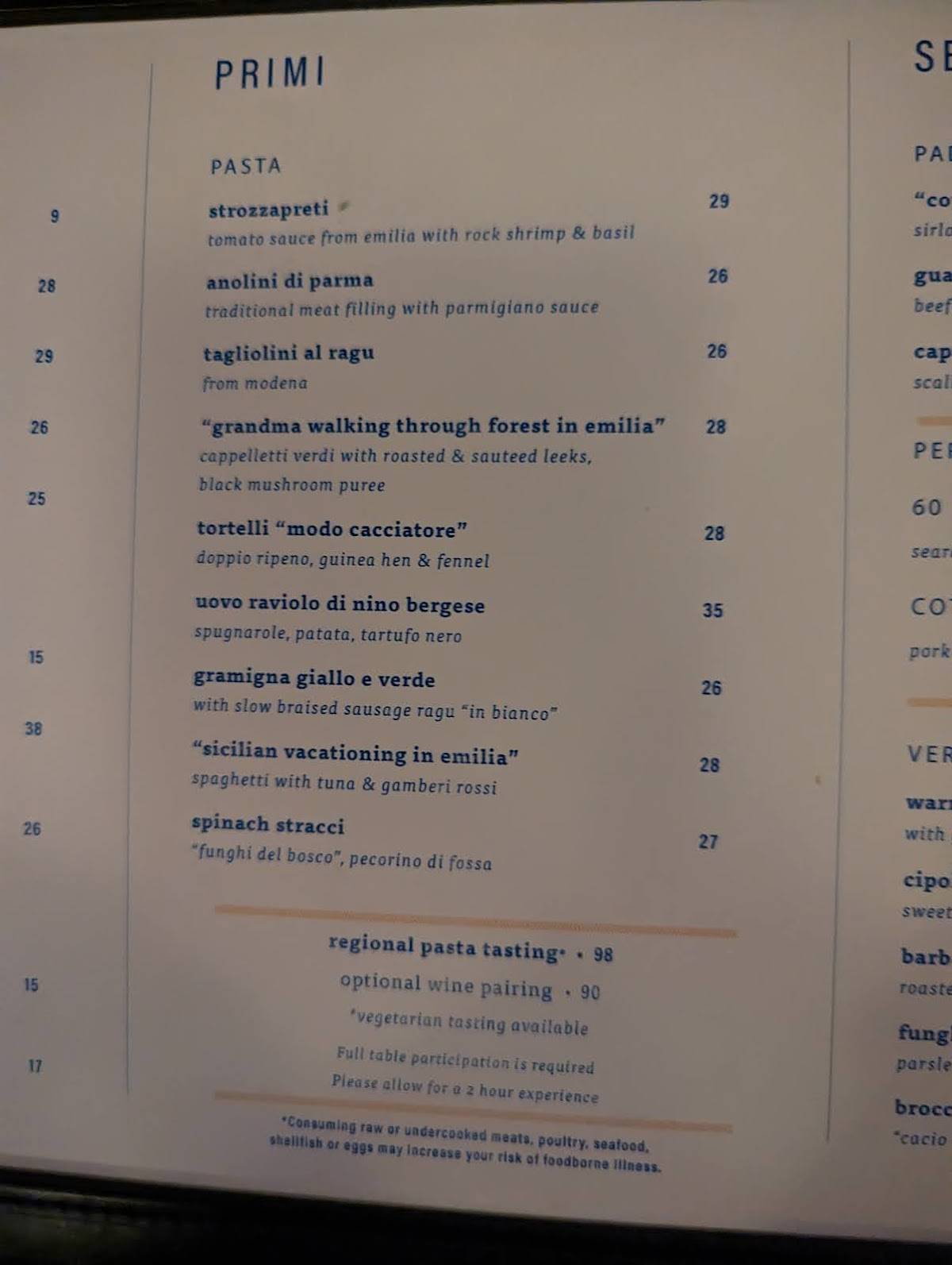 Menu at Rezdôra restaurant, New York City
