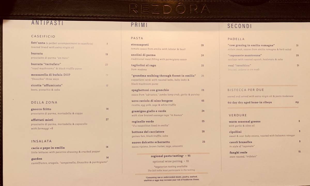 Menu at Rezdôra restaurant, New York City