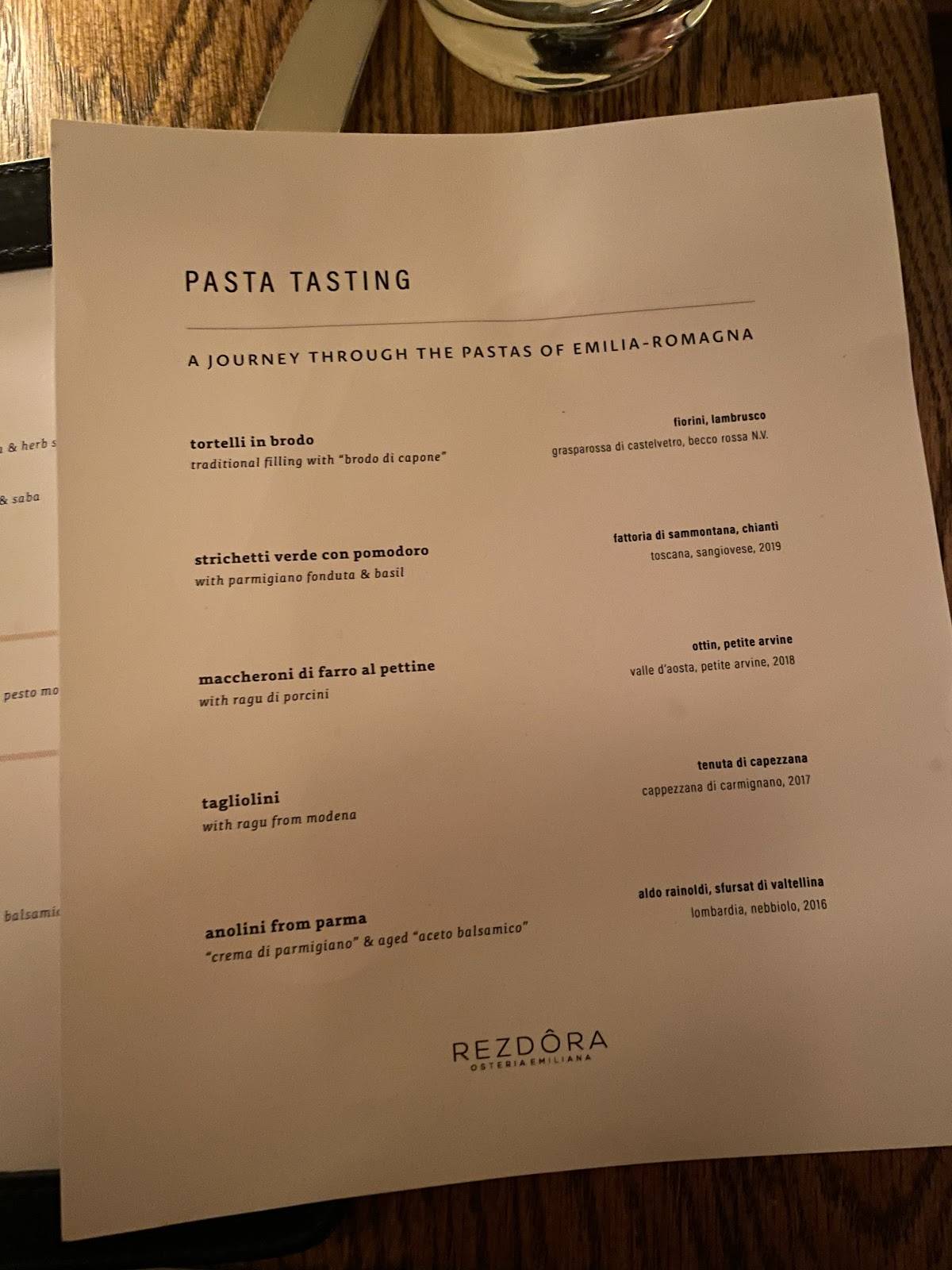Menu at Rezdôra restaurant, New York City