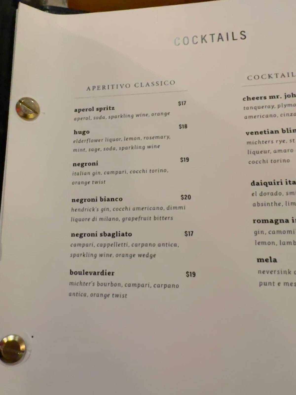 Menu at Rezdôra restaurant, New York City
