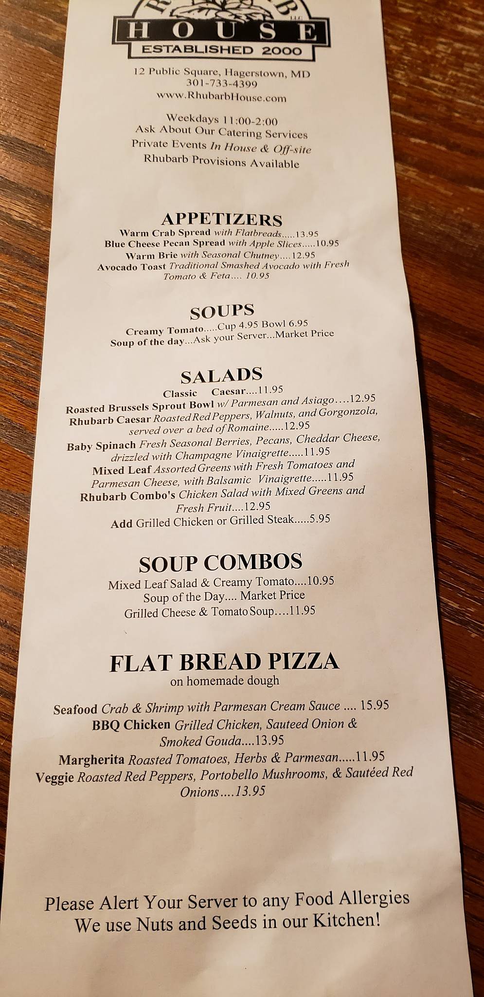 Menu at Rhubarb House, Hagerstown