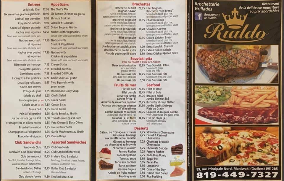 Menu au Rialdo Pizzeria & Brochetterie, Maniwaki, 89 Rue Principale N