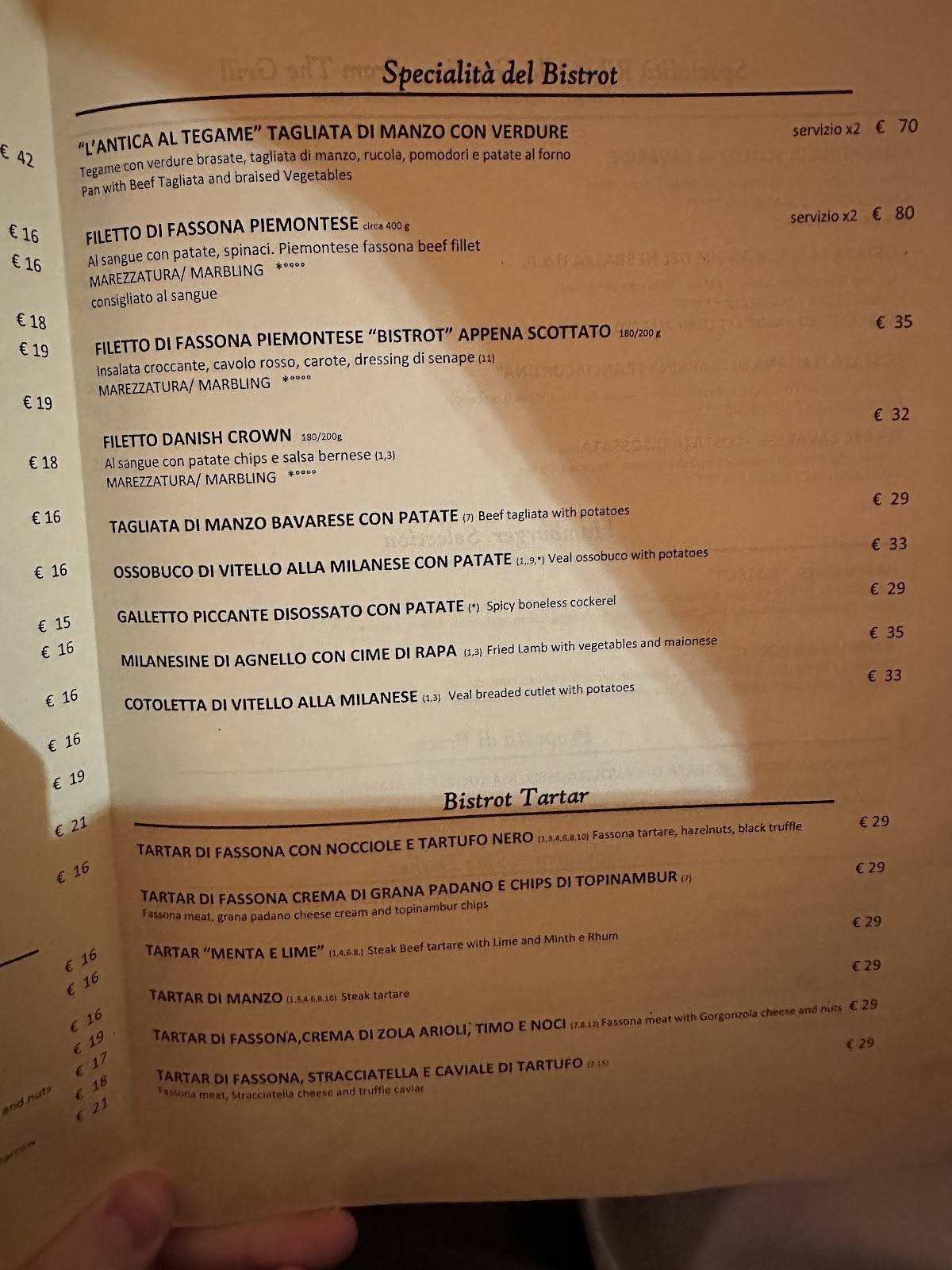 Menu da Ribot Bistrot ristorante, Milano