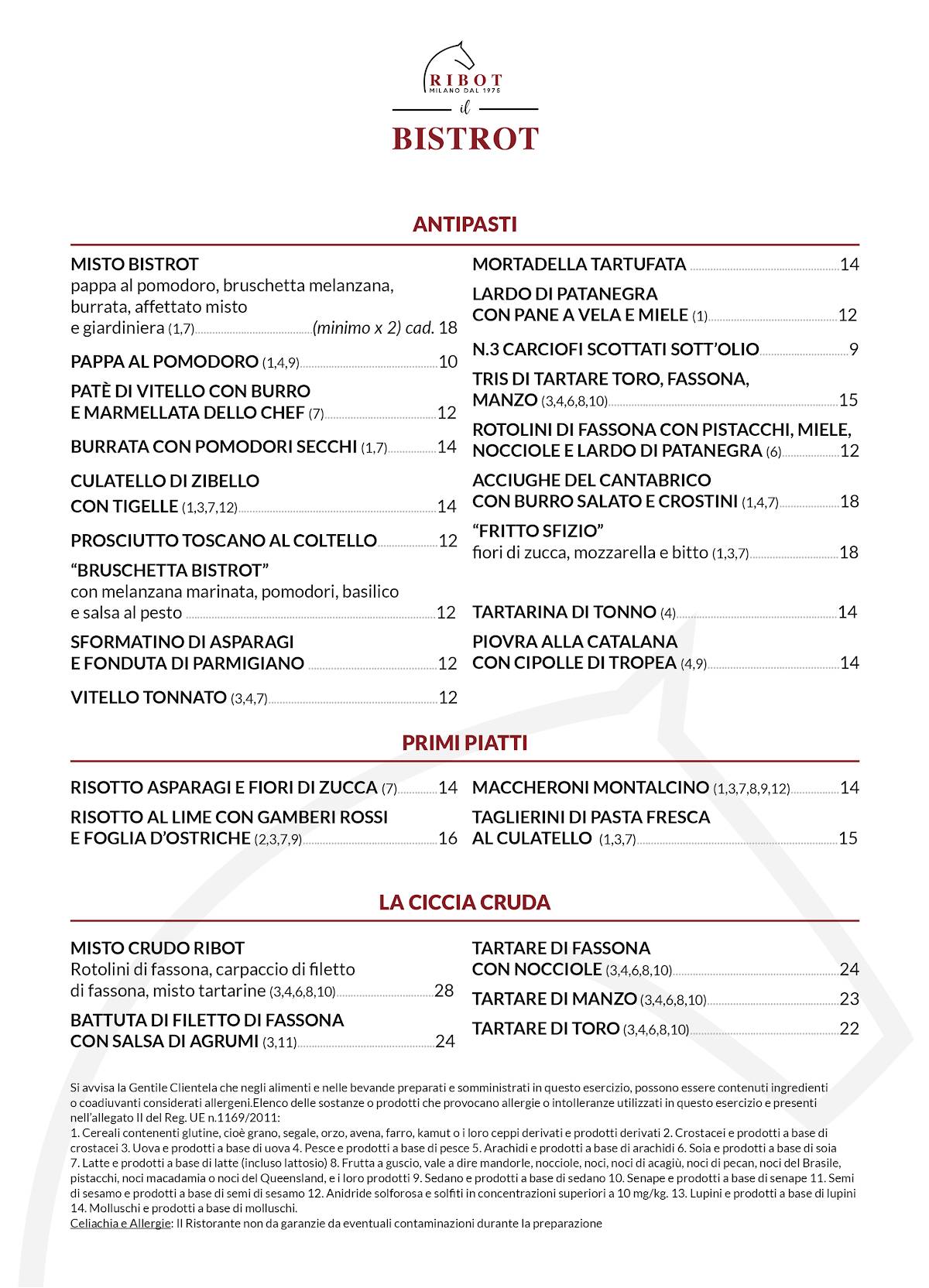 Menu at Ribot Bistrot restaurant, Milan