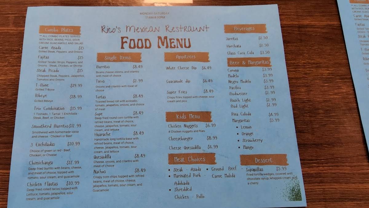 Menu at Rico's Mexican Restaurant, Friend