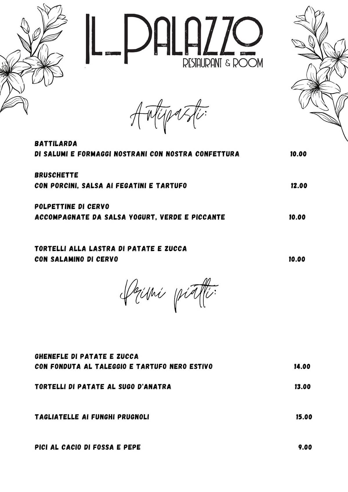 Menu da Il Palazzo di Ridracoli ristorante, Ridracoli
