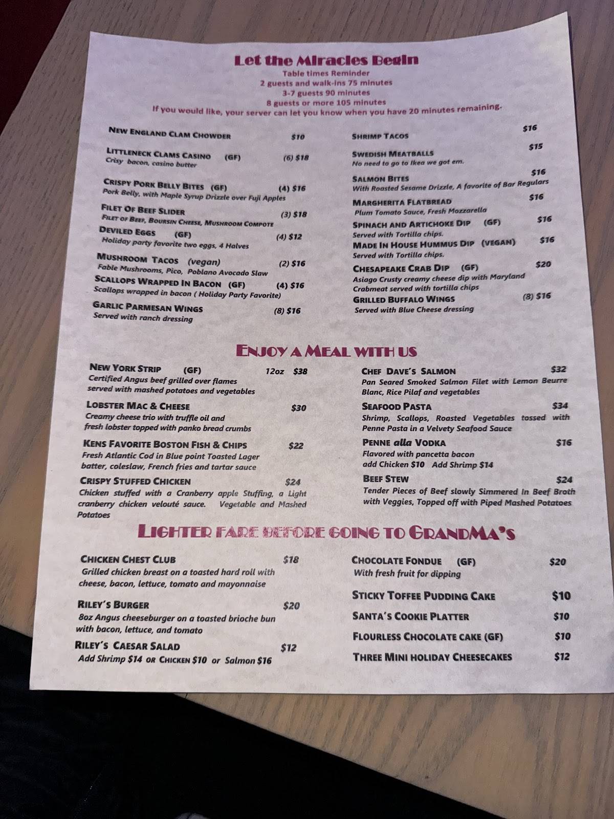 Menu at Riley's by the Sea pub & bar, Stratford
