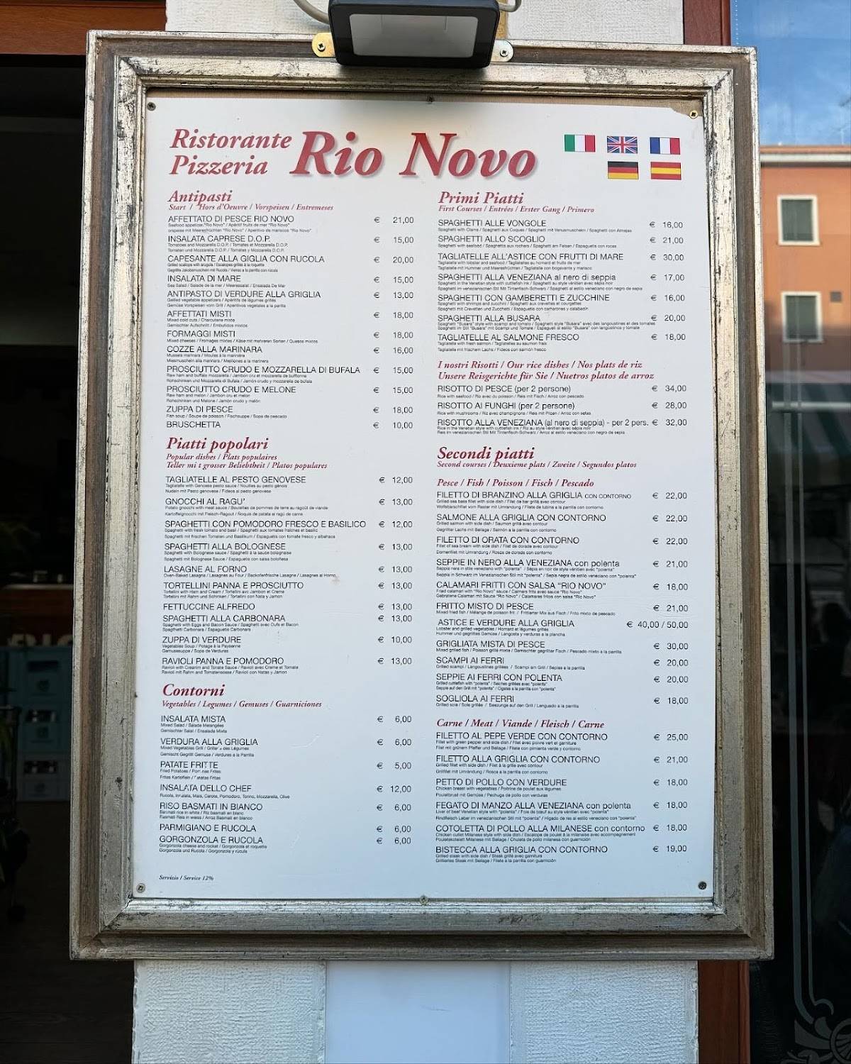 Menu at Rio Novo pizzeria, Venice