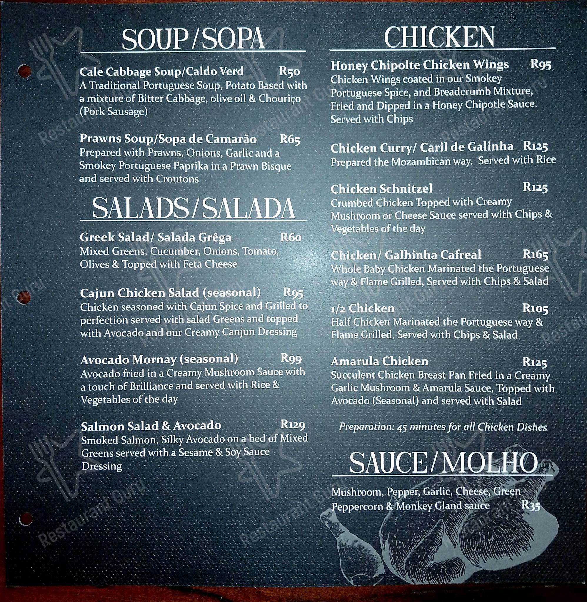 Menu at Rio Sol restaurant, Vereeniging