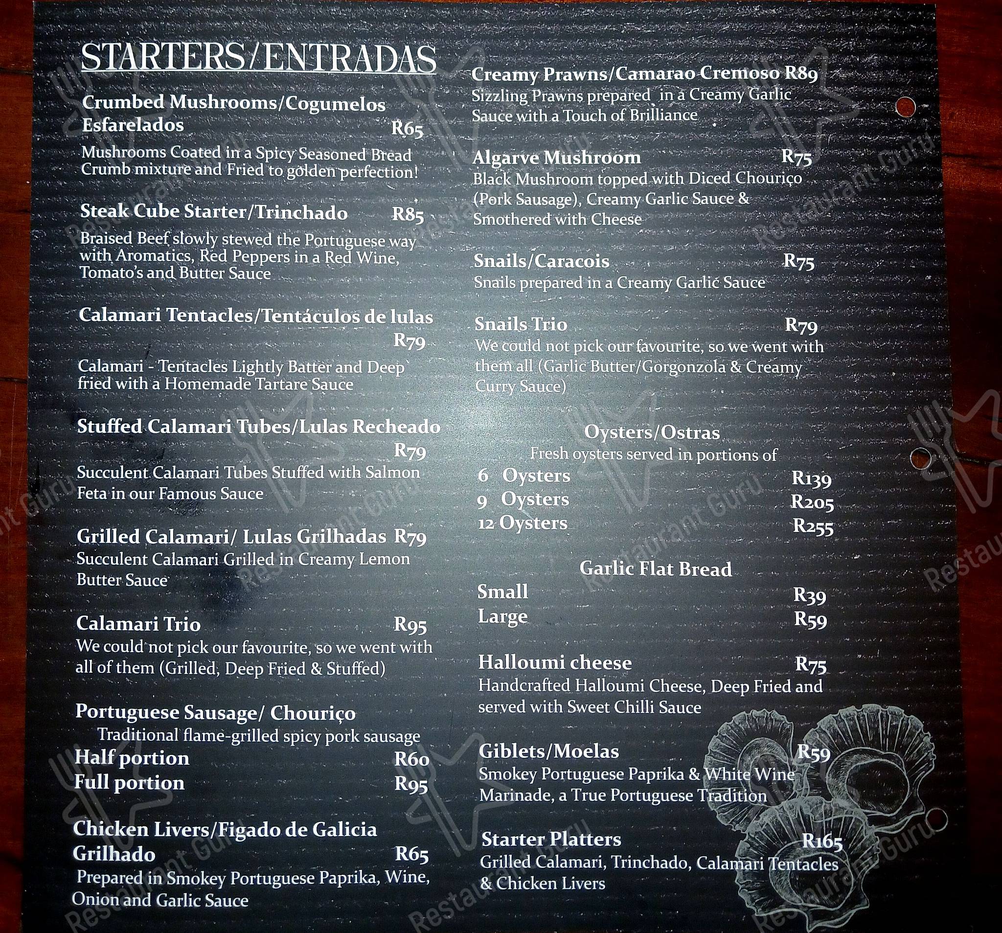 Menu at Rio Sol restaurant, Vereeniging
