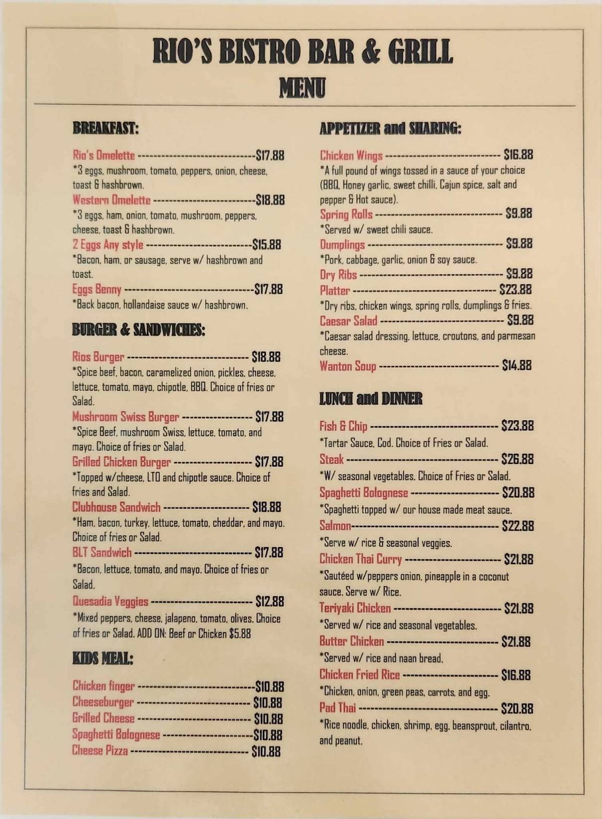 Menu at Rio's Bistro Bar & Grill, Nisku