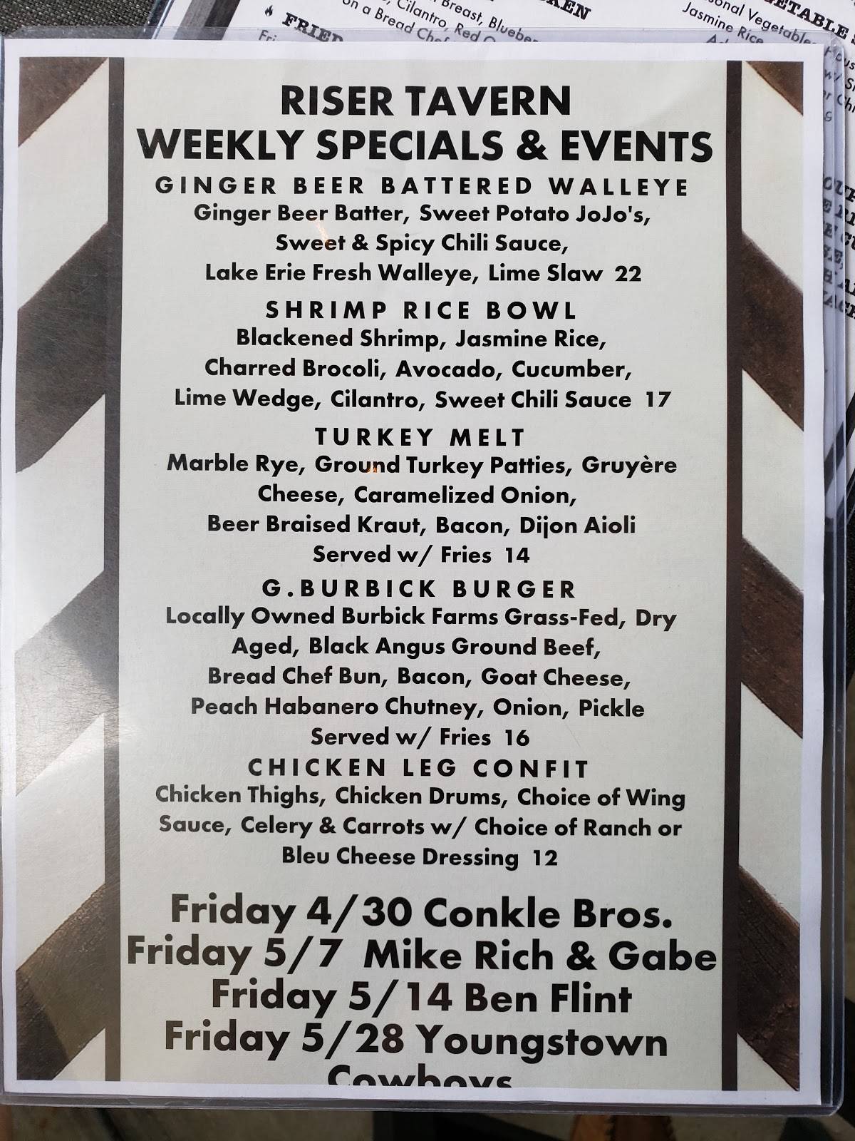 Menu at Riser Tavern & Grill pub & bar, Boardman