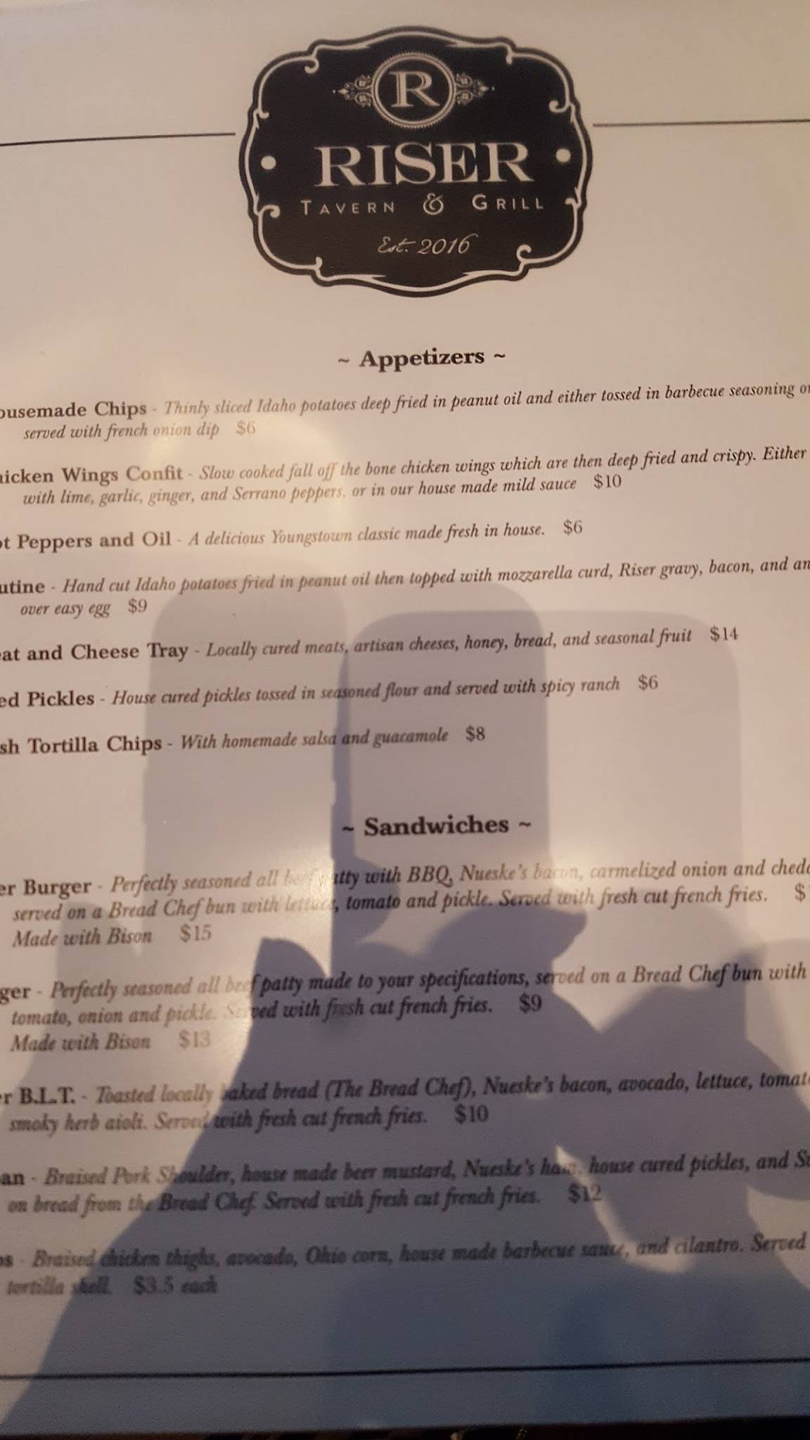 Menu at Riser Tavern & Grill pub & bar, Boardman