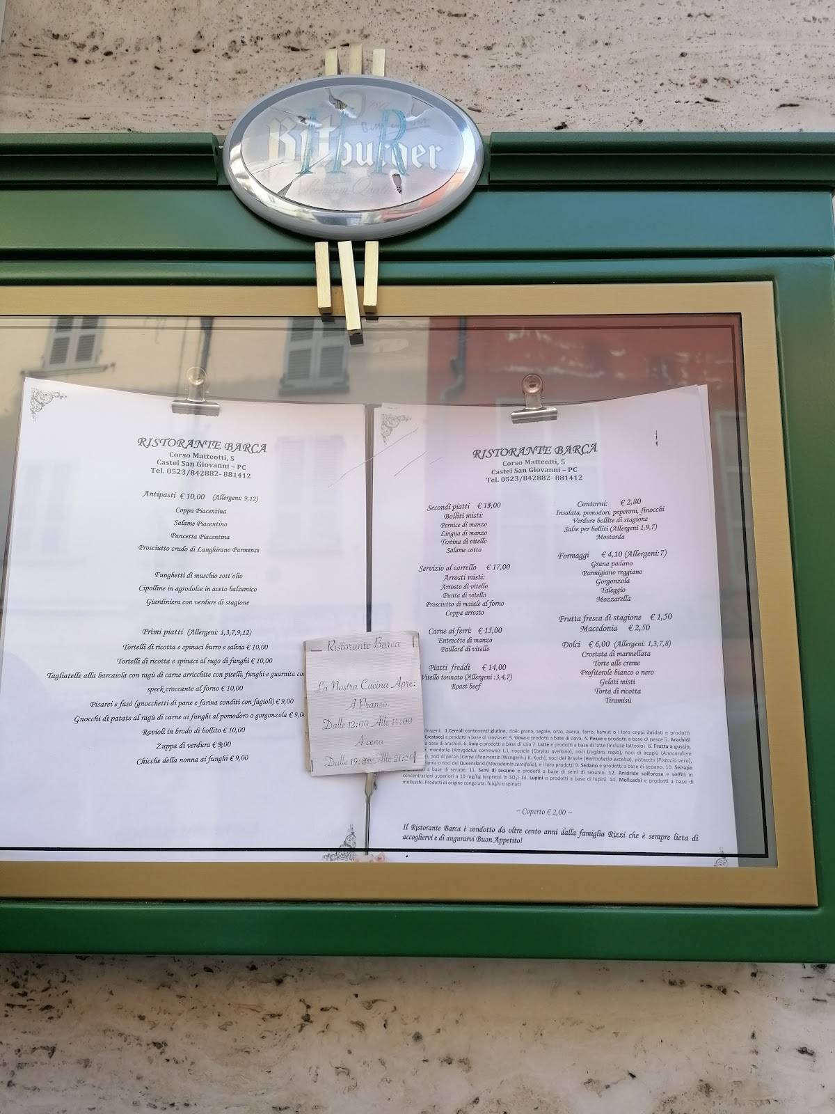 Menu da Ristorante Barca, Castel San Giovanni