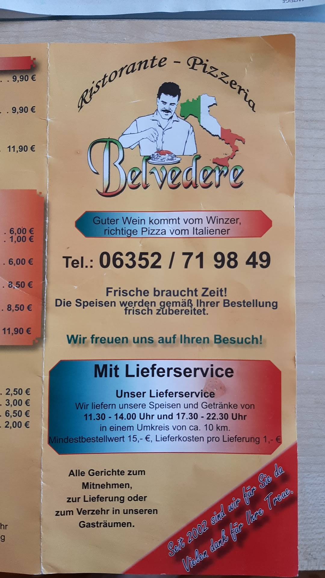 Speisekarte von Ristorante Pizzeria Belvedere Mit Lieferservice, Morschheim