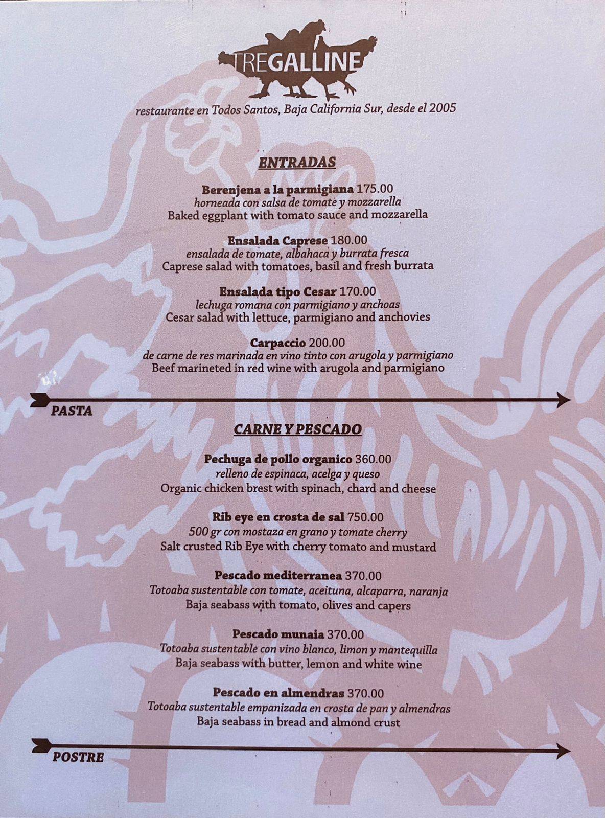 Carta del restaurante Ristorante Tre Galline, Todos Santos, C. Benito ...