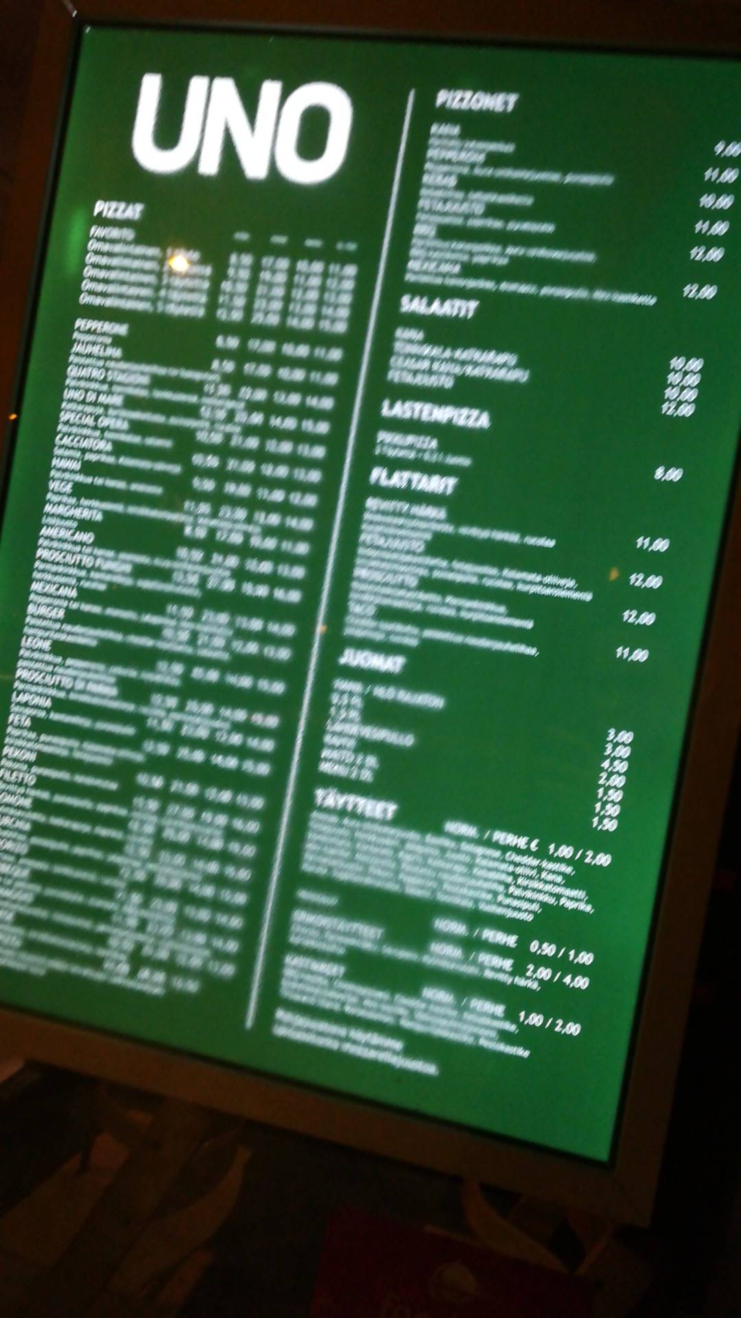 Menu at Ristorante Uno pizzeria, Helsinki, Oulunkyläntie 2