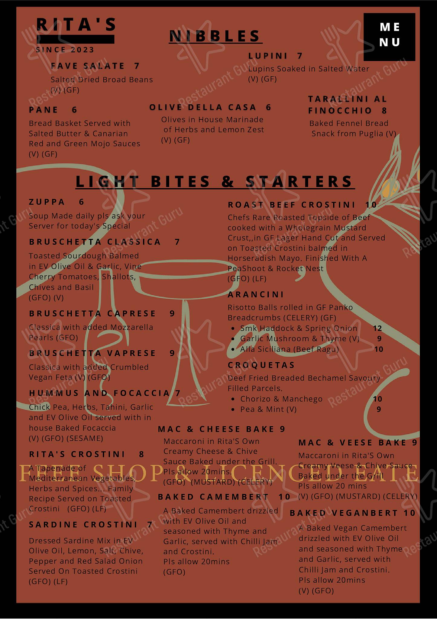 Menu at Rita'S restaurant, Ramsgate, Paragon Terrace