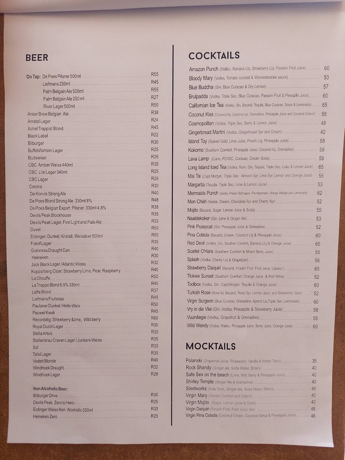 Menu at River Café restaurant, Potchefstroom