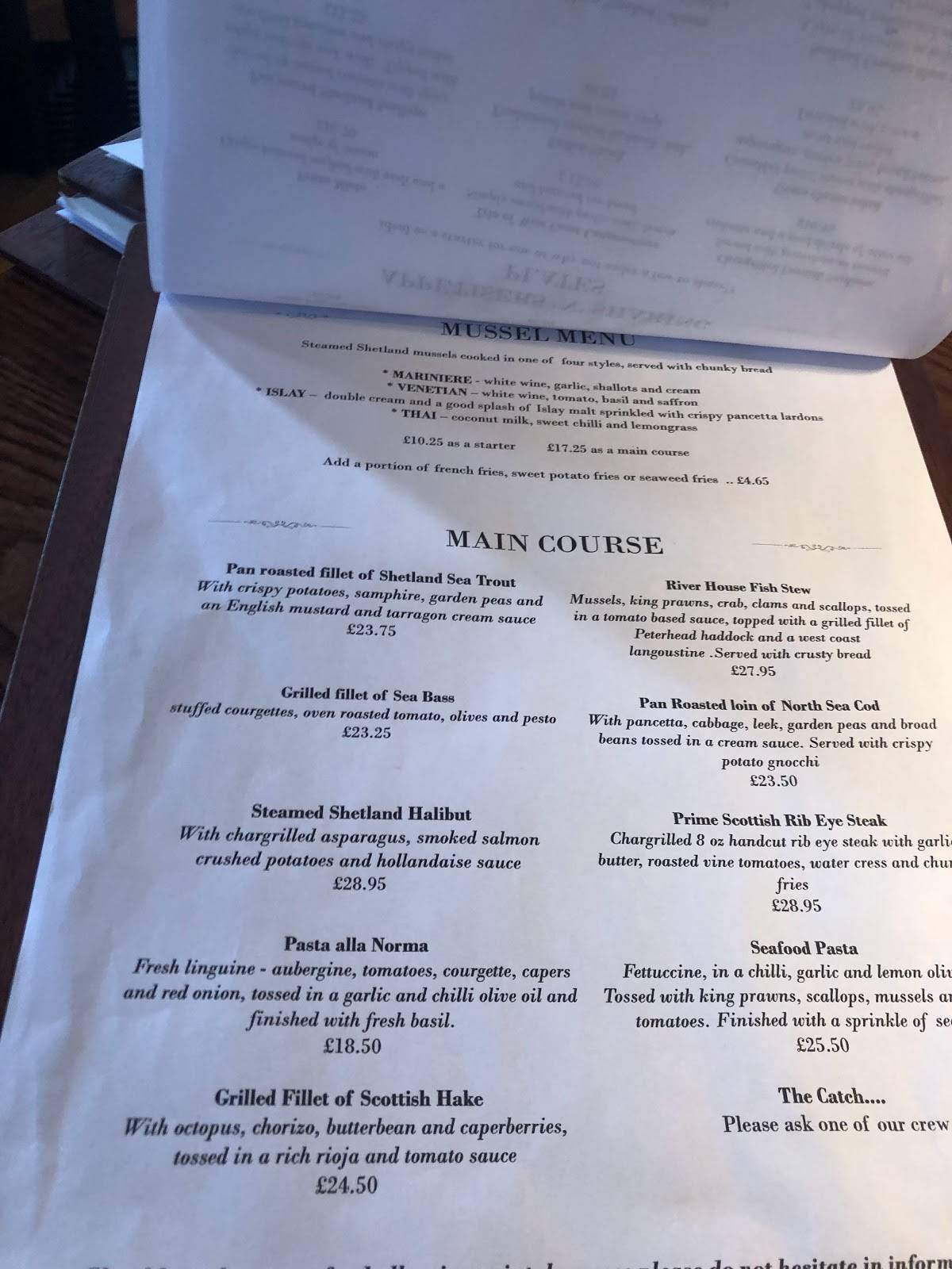 Menu at River House restaurant, Inverness, 1 Greig St