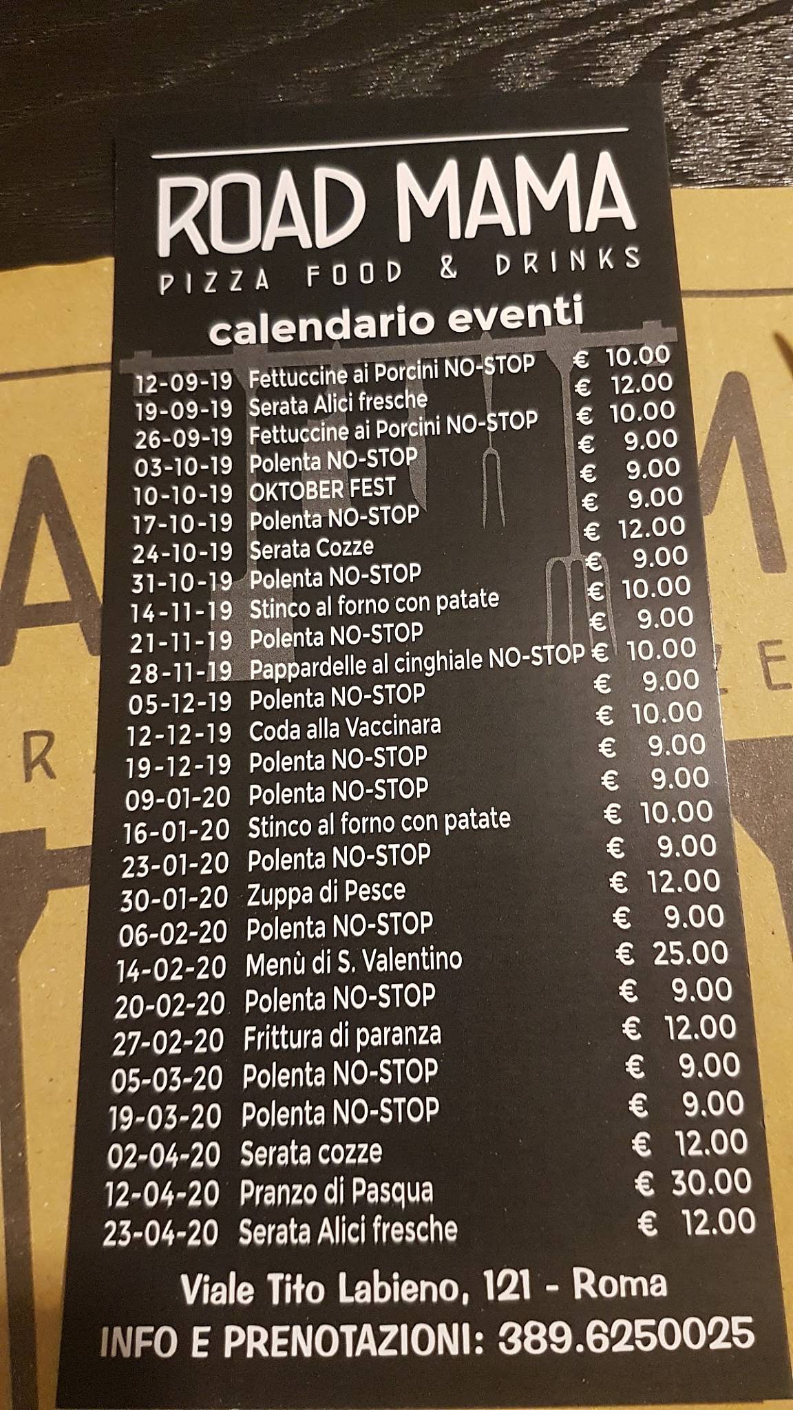 Menu au Road Mama Roma restaurant, Rome