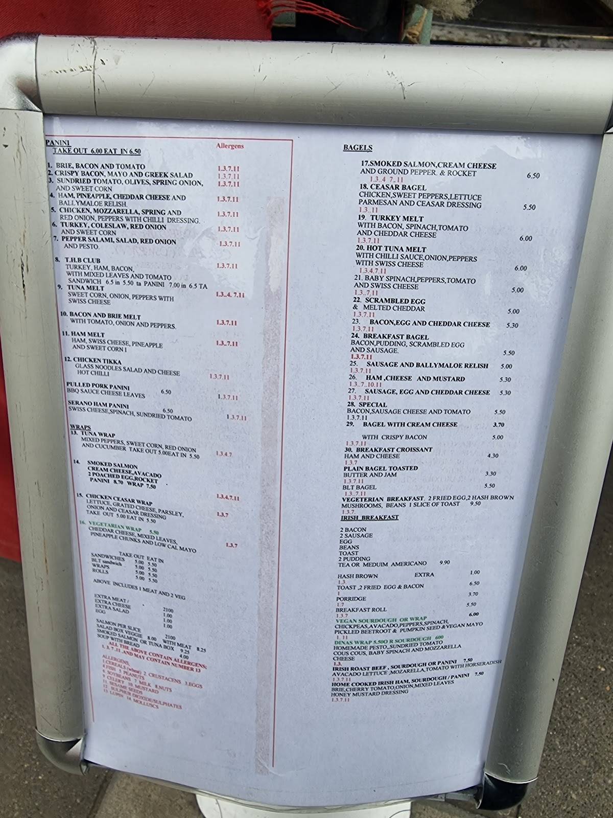 Menu at Roasted Bean Coffee Company restaurant, Dublin