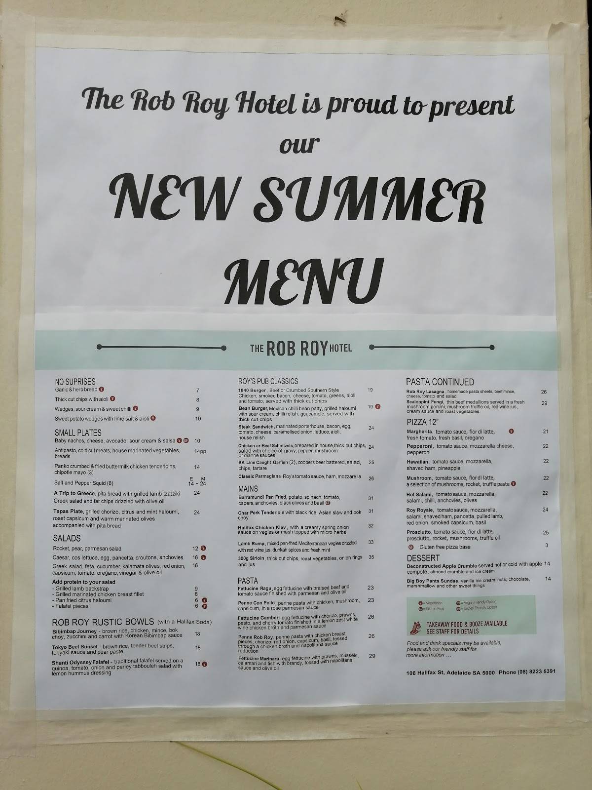 Menu at Rob Roy Hotel pub & bar, Adelaide