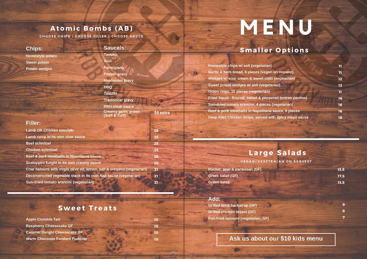 Menu at Rob Roy Hotel pub & bar, Adelaide
