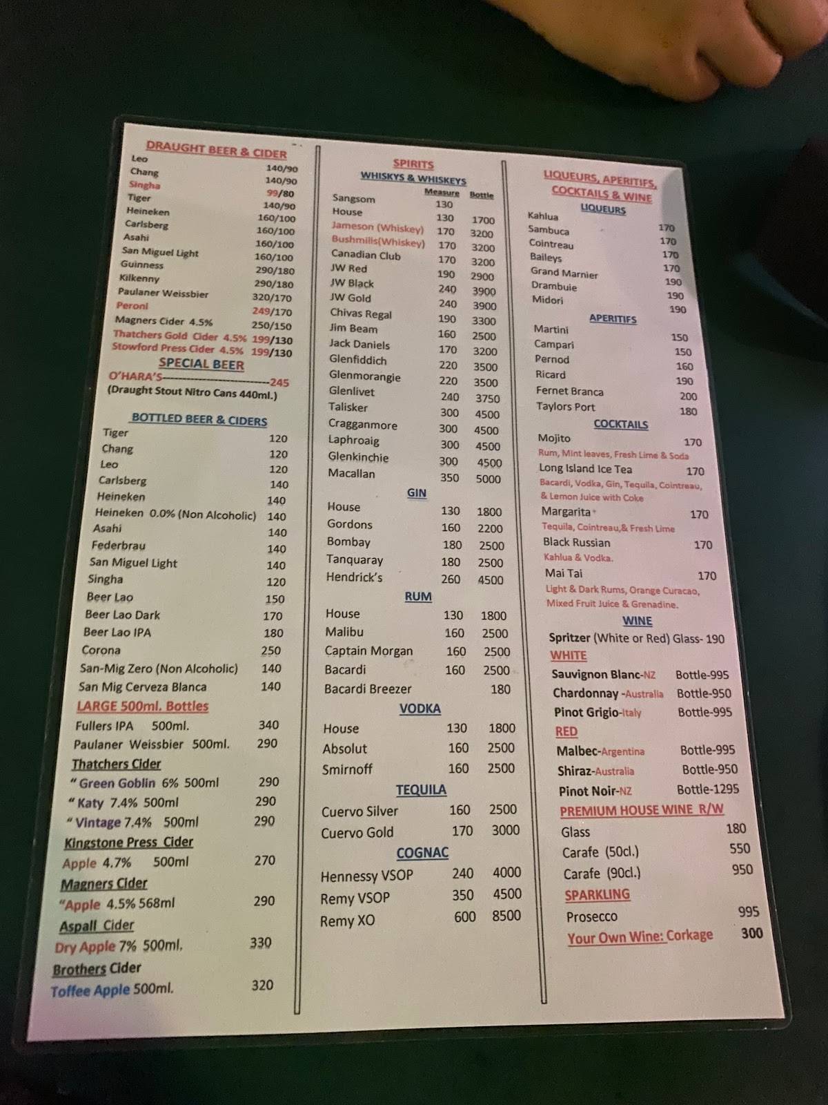 Menu at Robin Hood pub & bar, Bangkok