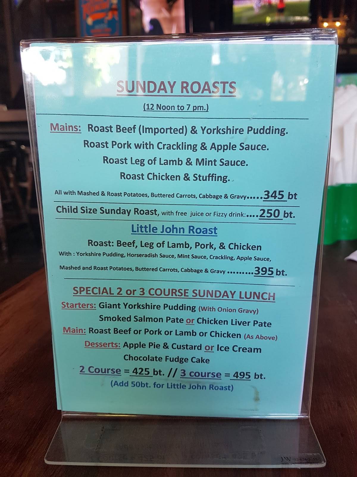 Menu at Robin Hood pub & bar, Bangkok