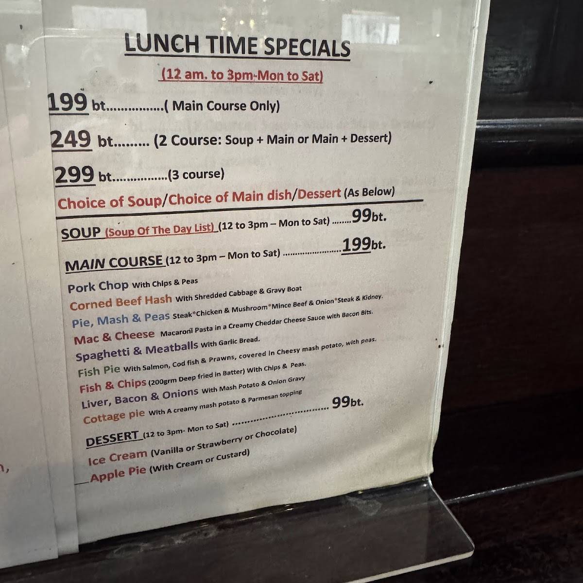 Menu at Robin Hood pub & bar, Bangkok